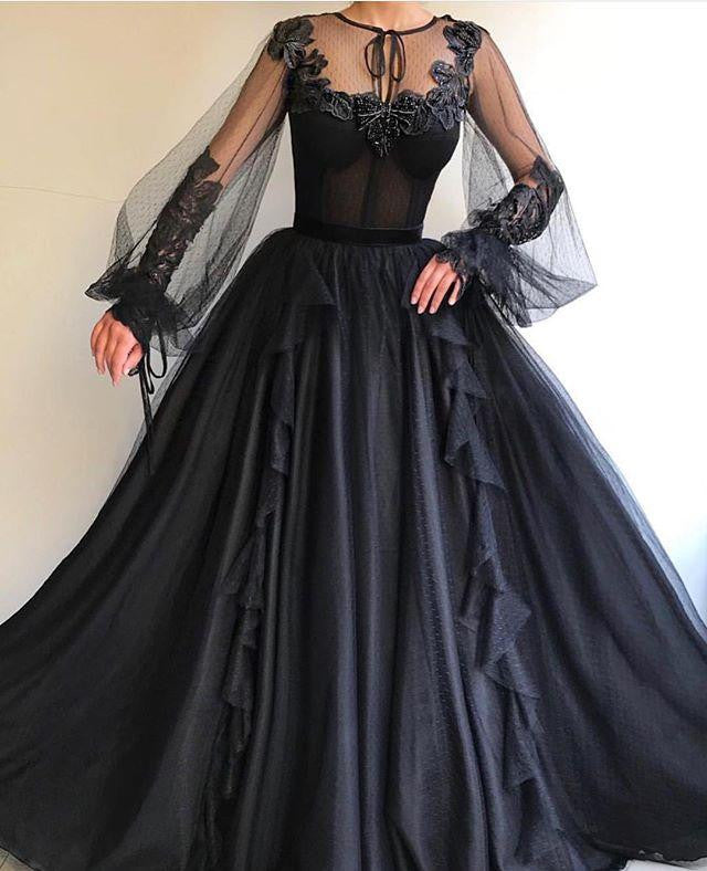 Black Long A Line Tulle Prom Dresses Long Sleeves Modest Evening Gown