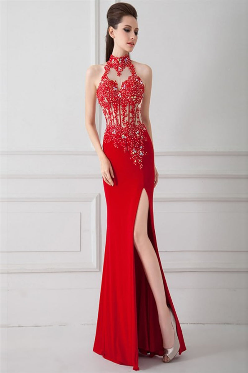 Front Split Sexy Red Beaded Backless Long Prom Dresses Ed0699 Okdresses