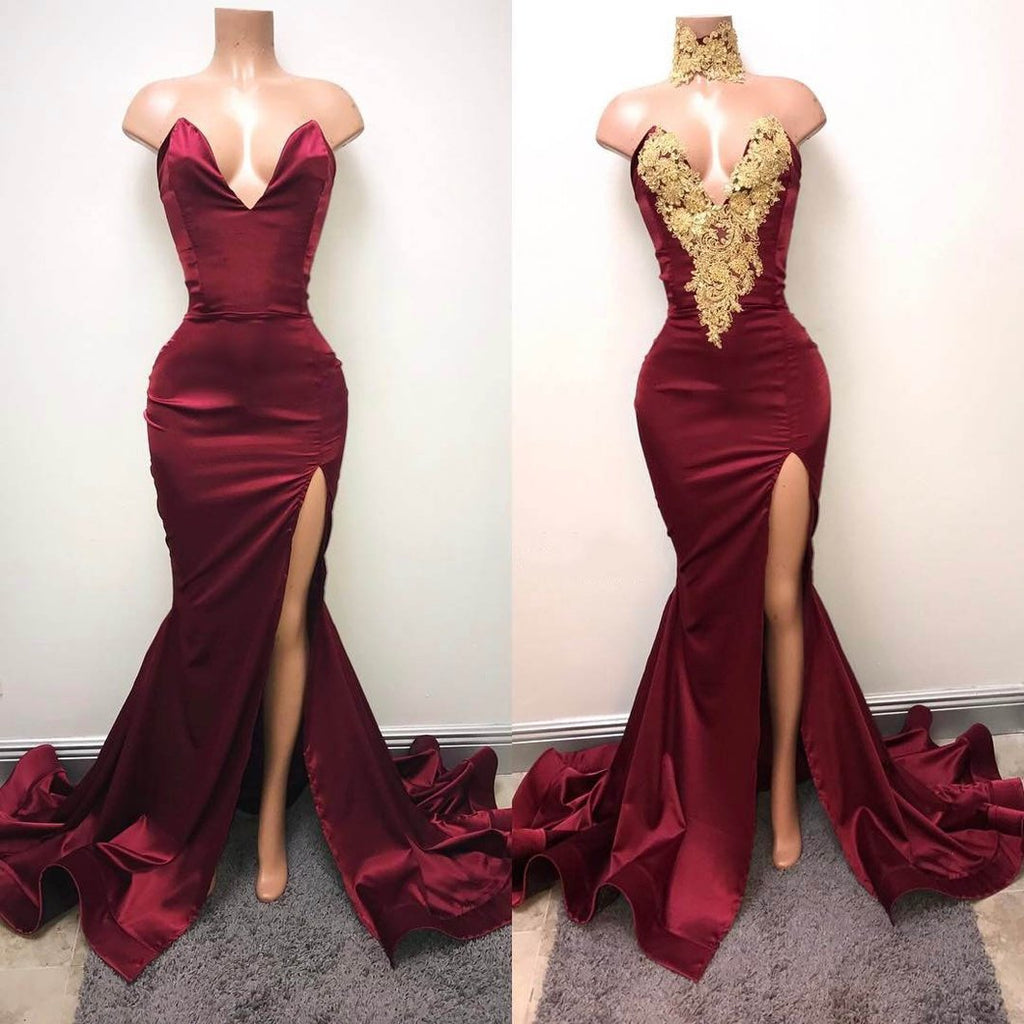 Elegant Burgundy Mermaid Appliques High Neck Split Sexy Prom Dress