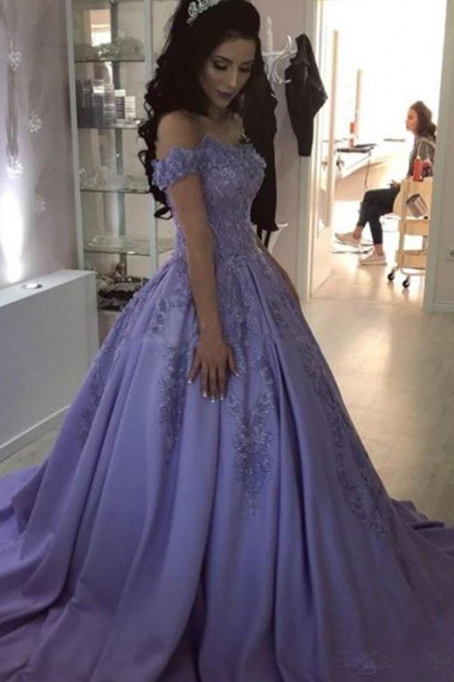 Lavender Ball Gown Off The Shoulder Lace Appliques Prom Dresses Okj66