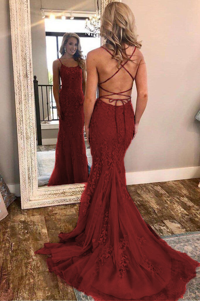 Burgundy Spaghetti Strap Mermaid Stunning Prom Dresses With Lace