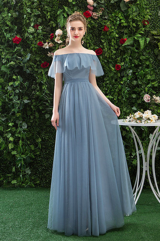 A Line Chiffon Blue Off The Shoulder Prom Dress Long Ruffles