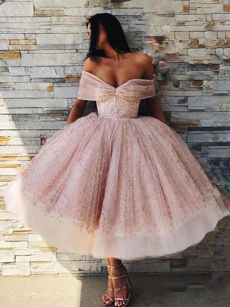 Off The Shoulder Sparkly Pink Tea Length Ball Gown Prom Dresses Oki5