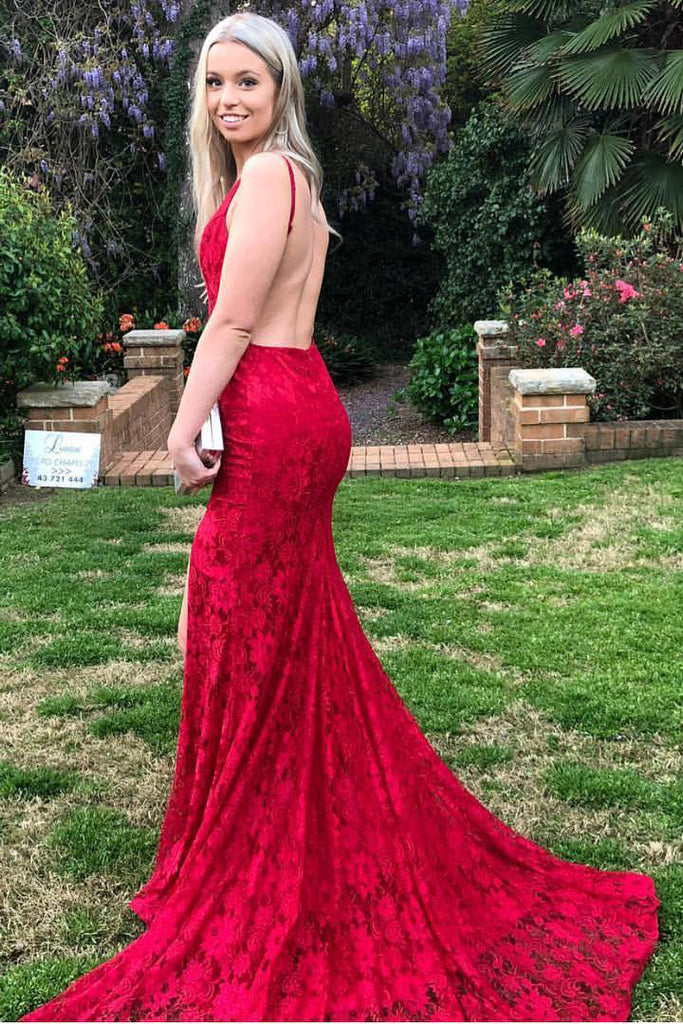 Red Lace Spaghetti Strap Backless Prom Dresses Mermaid Prom Dress