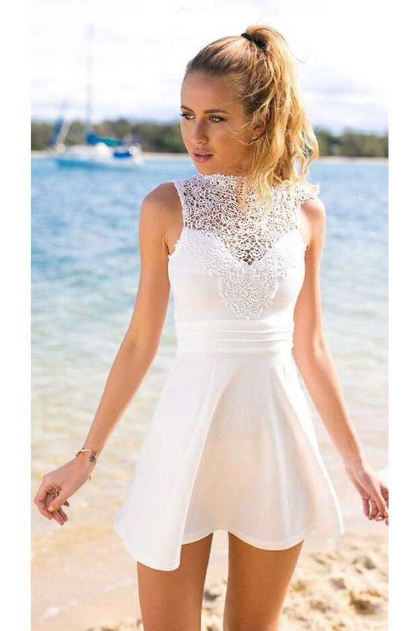 A Line Lace Cute Short White Open Back Homecomingcocktail Dresses