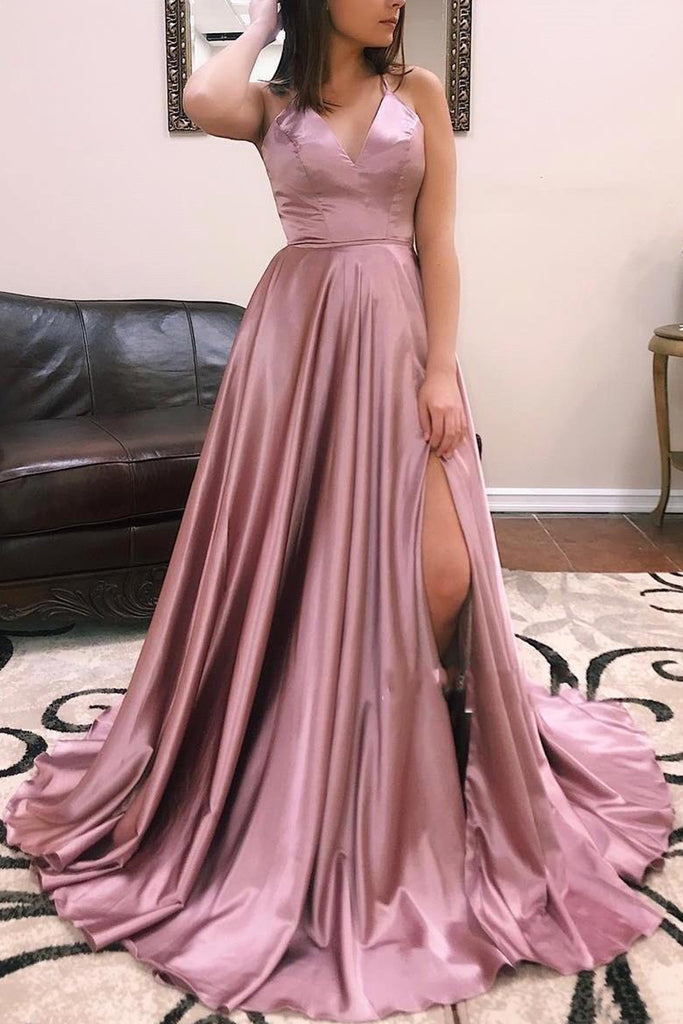 Macloth Straps V Neck Dusty Rose Long Prom Dress Satin Chiffon Formal