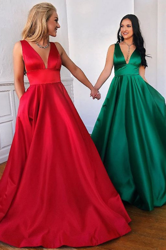 Macloth Straps V Neck Satin Long Prom Dress Red Formal Evening Gown