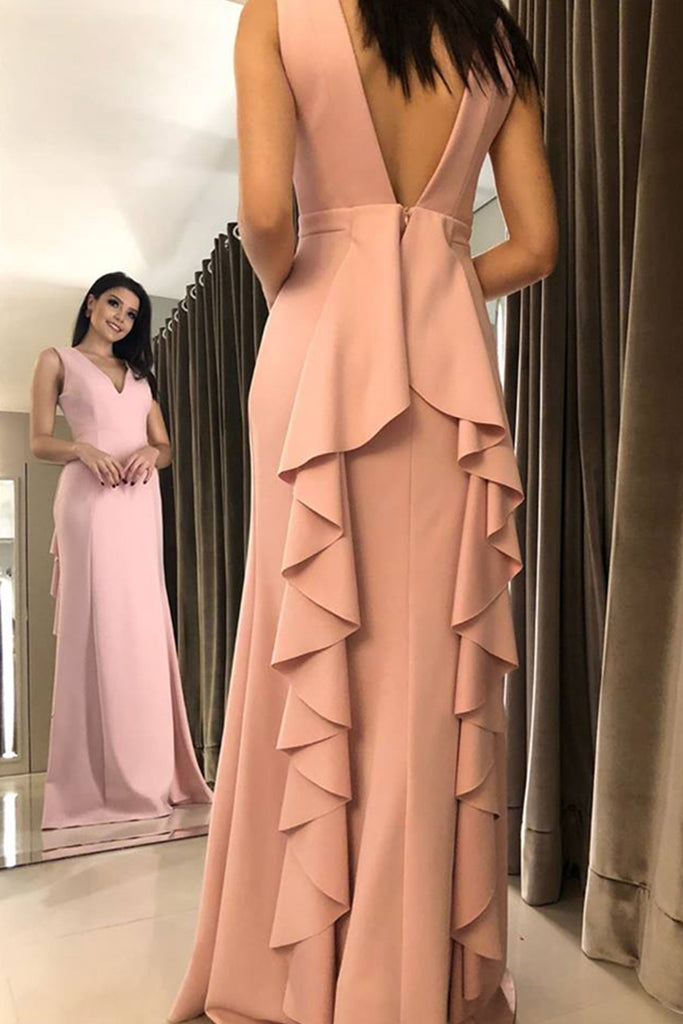 Macloth Straps V Neck Sheath Long Prom Dress Pink Formal Evening Gown