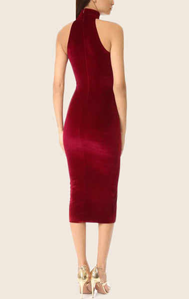 Macloth Sheath High Neck Midi Cocktail Dress Burgundy Formal Gown