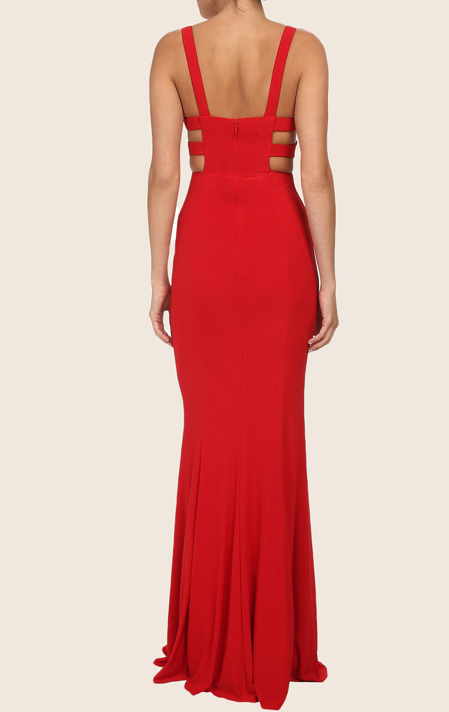Macloth Straps V Neck Sheath Maxi Prom Dress Red Jersey Formal Gown