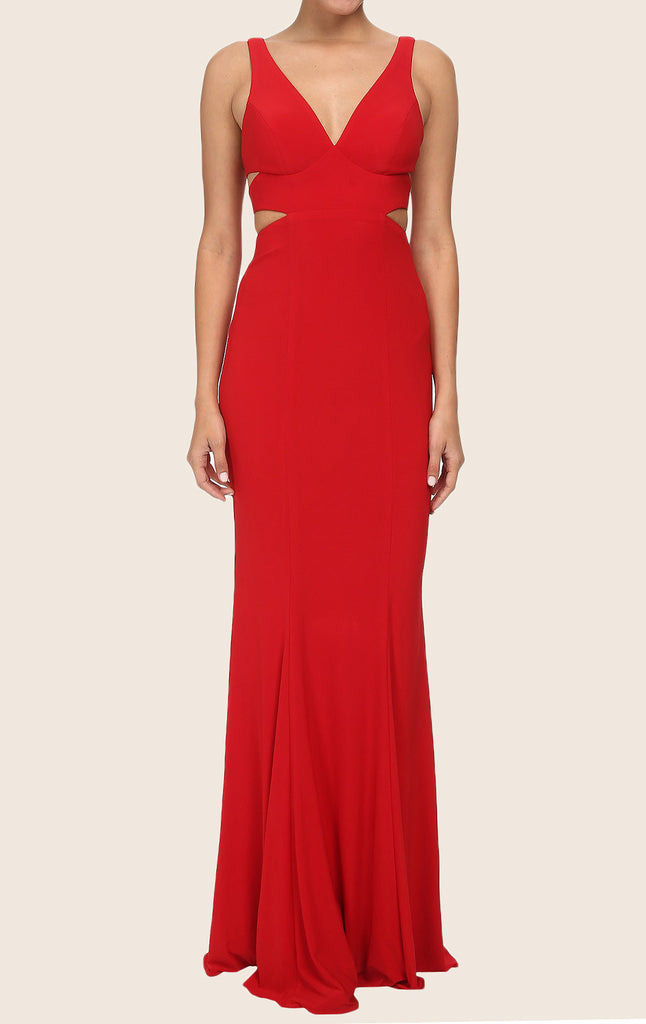 Macloth Straps V Neck Sheath Maxi Prom Dress Red Jersey Formal Gown