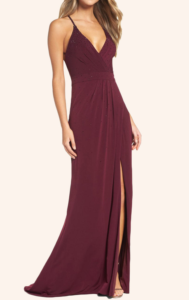 Macloth Straps V Neck Sheath Jersey Prom Dress Burgundy Formal Gown