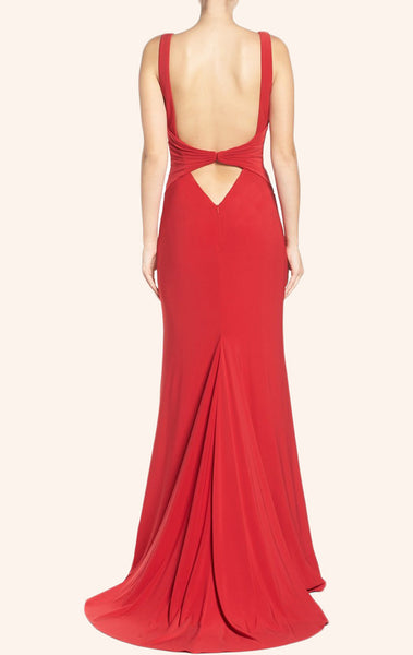 Macloth Straps V Neck Jersey Long Prom Dress Red Formal Evening Gown