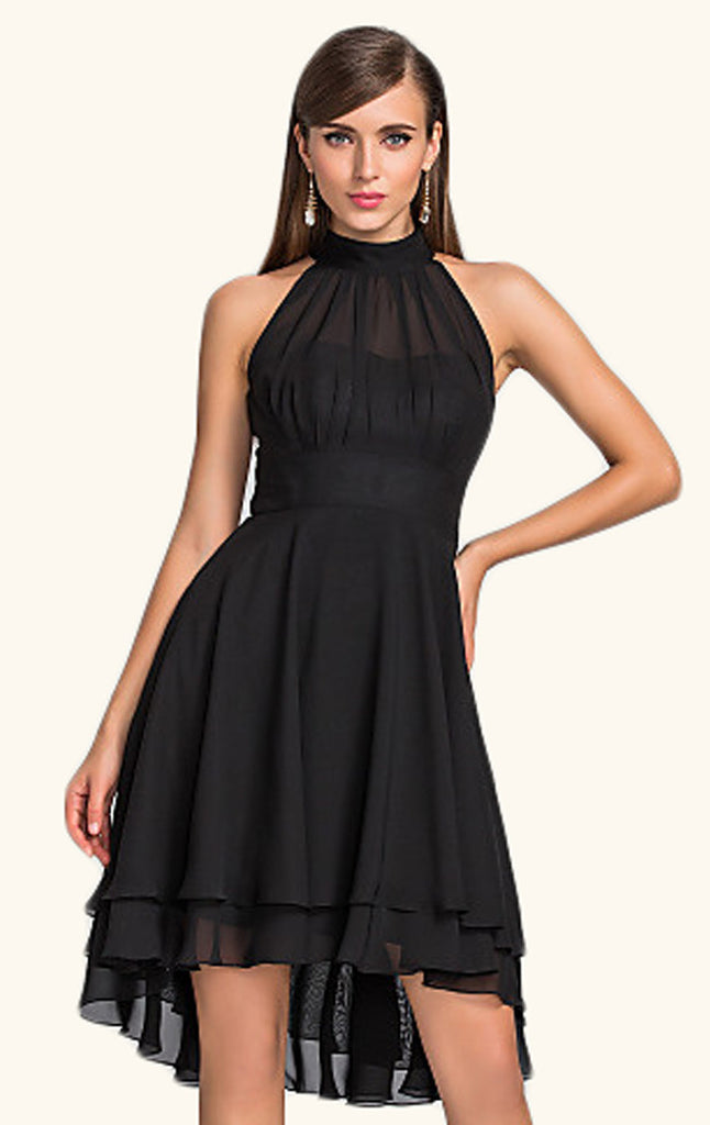 Macloth Halter High Low Chiffon Cocktail Dress Black Wedding Party For