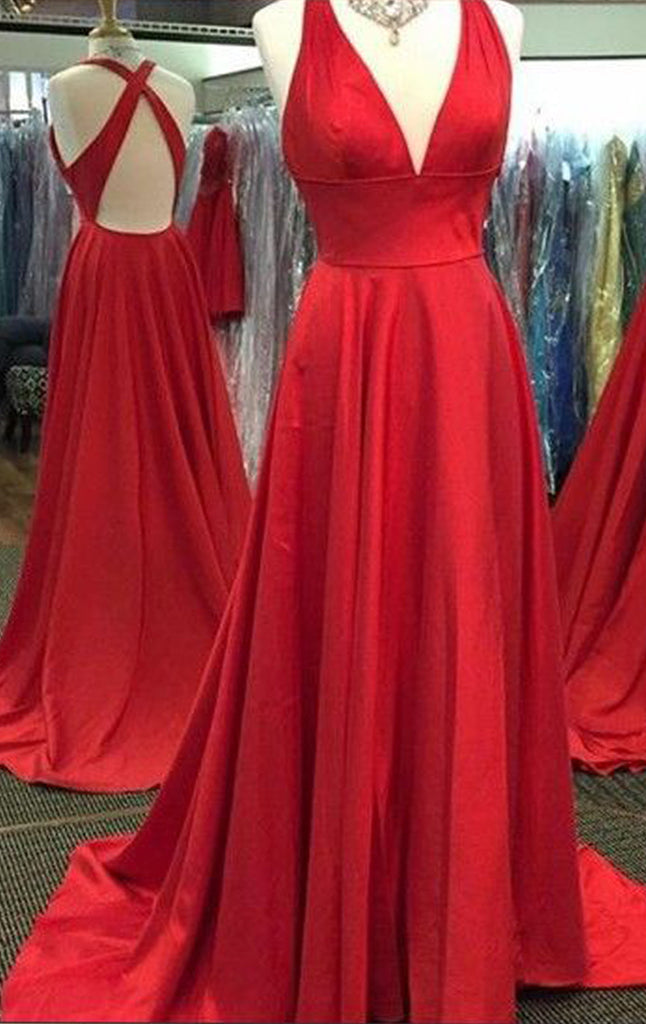 Macloth Sexy Deep V Neck Satin Long Prom Homecoming Dress Red Formal G