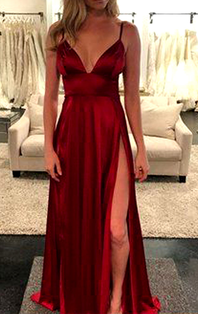 Macloth Spaghetti Straps V Neck Long Prom Dress Burgundy Formal Evenin