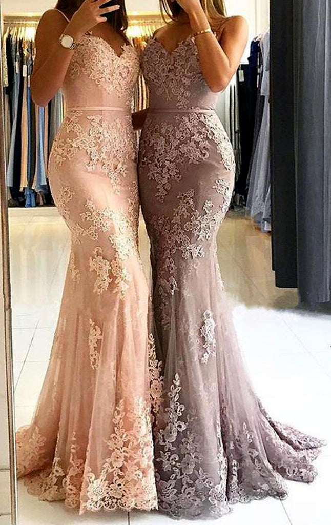 Macloth Mermaid Spaghetti Straps Lace Long Prom Dress Pink Formal Even