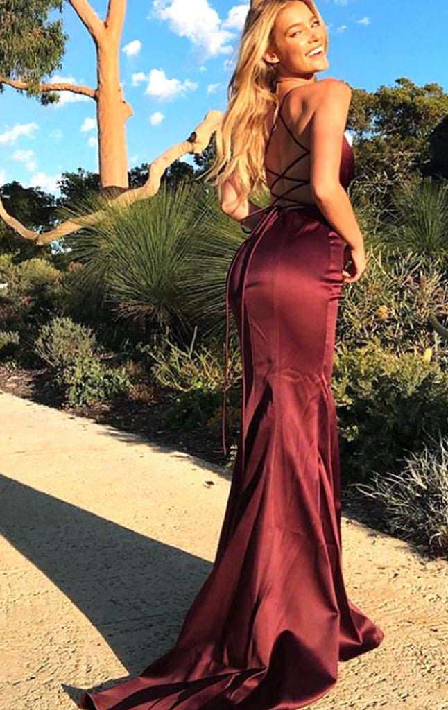 Macloth Halter Mermaid Satin Long Prom Dress Burgundy Dark Green For