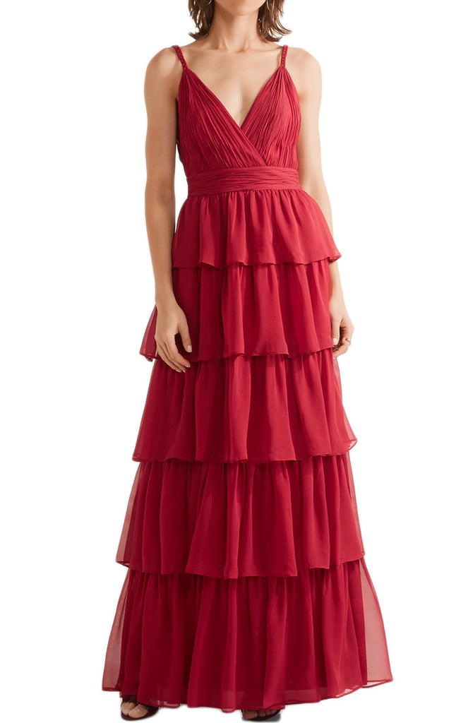 Macloth Straps V Neck Tiered Long Chiffon Prom Dress Red Formal Evenin