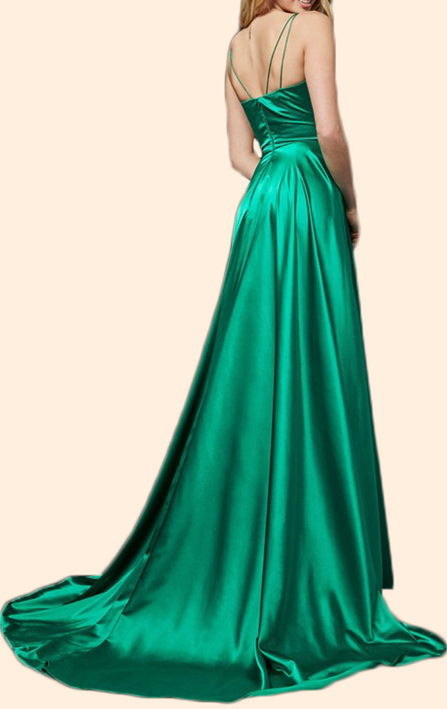 Macloth Straps V Neck Satin Long Prom Dress With Slit Wine Red Champ