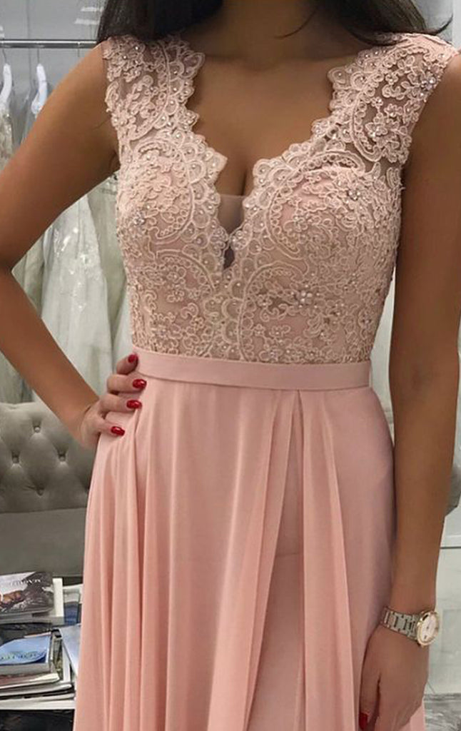 Macloth V Neck Lace Chiffon Long Prom Dress Pink Formal Evening Gown