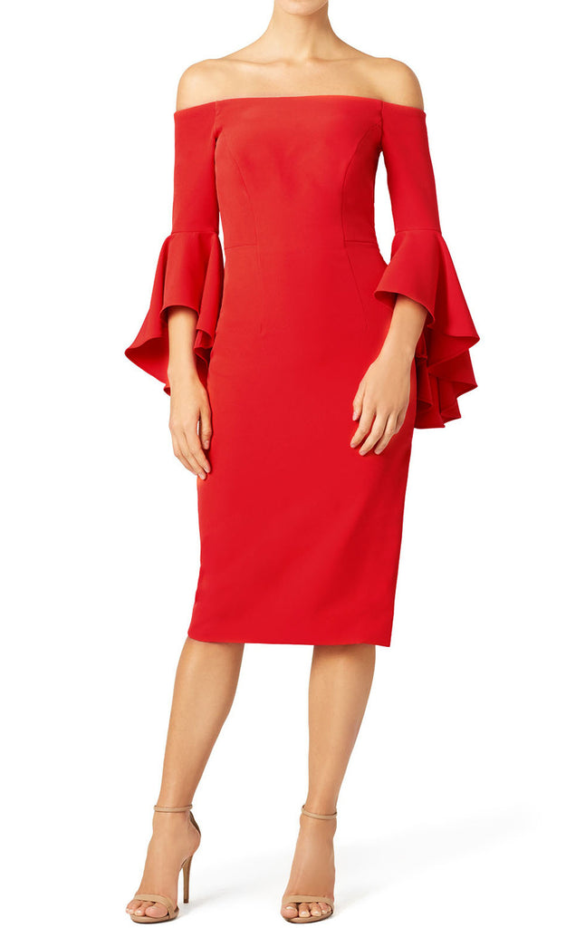 Macloth Off The Shoulder Midi Red Cocktail Dress Jersey Formal Gown