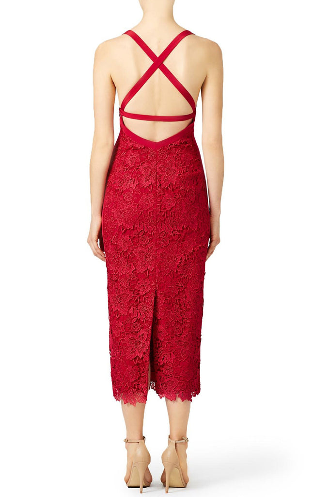 Macloth Straps Sexy Red Lace Cocktail Dress Midi Formal Gown