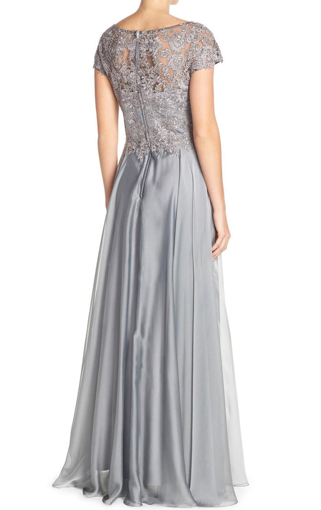 Macloth Cap Sleeves Lace Chiffon Long Evening Gown Silver Mother Of Th