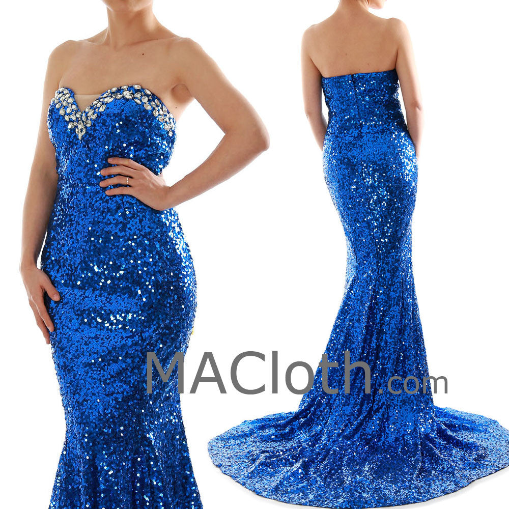 Mermaid Strapless Sweetheart Sequin Royal Blue Prom Evening Gown 1601