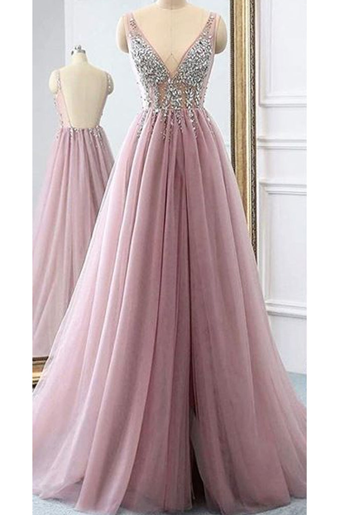 Macloth A Line V Neck Beaded Long Tulle Prom Dress Dusty Pink Formal E