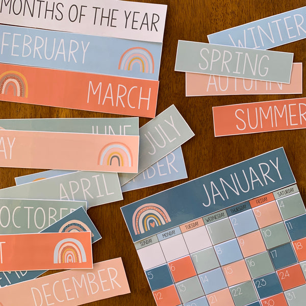 Boho Rainbow Evergreen Calendar Months Of The Year Display Classroom Hq