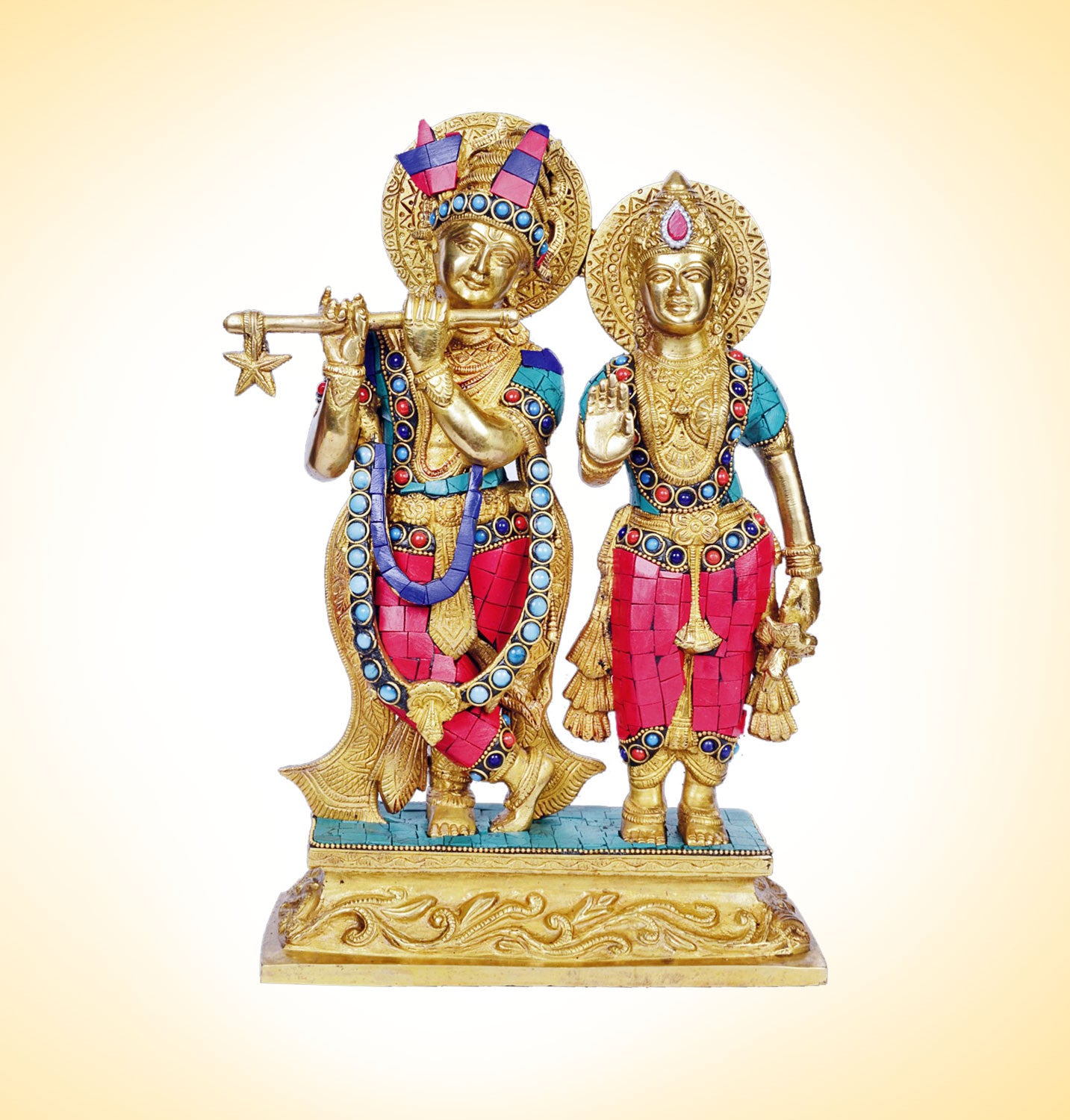 Stone Studded Radha Krishna Brass Statue Devotionalstore