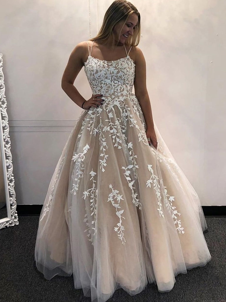 Gorgeous Backless Champagne Lace Long Prom Dresses With Appliques Cha