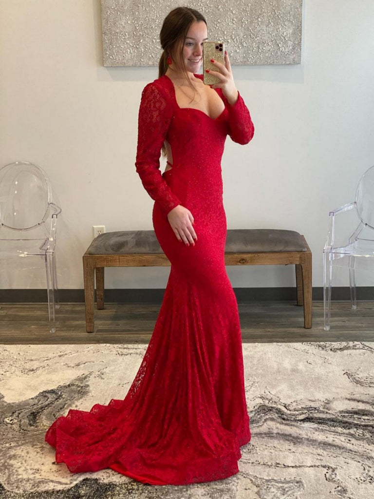 Long Sleeves Mermaid Red Lace Prom Dresses Long Beaded Red Lace Forma