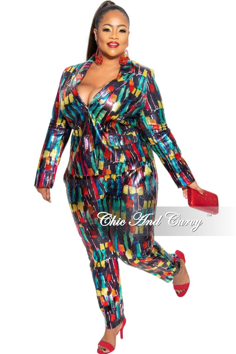 Final Sale Plus Size 2 Piece Pants Suit In Multi Color Metallic Fabric