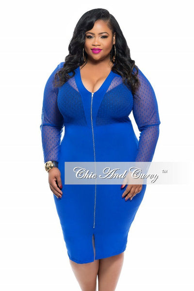 New Plus Size Bodycon Dress With Sheer Top And Zipper Front In Royal B