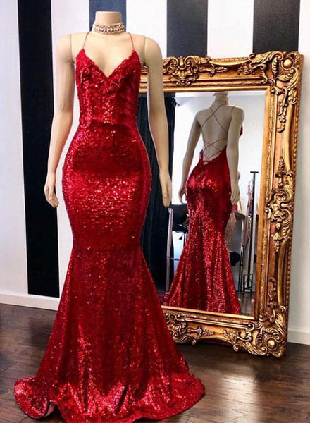 Spaghetti Straps Red Backless Mermaid Glitter Prom Dresses Elegant Eve