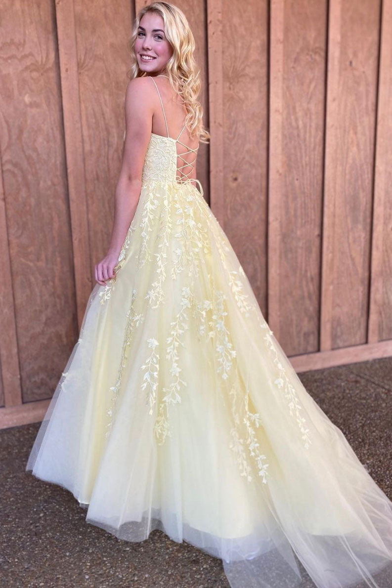 Yellow Tulle Lace Long Prom Dress Yellow Evening Dress Shdress