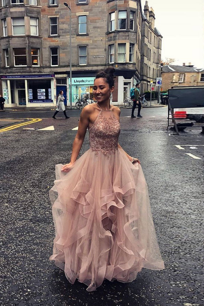 Pink Tulle Lace Long Prom Dress Sweet 16 Dress Shdress