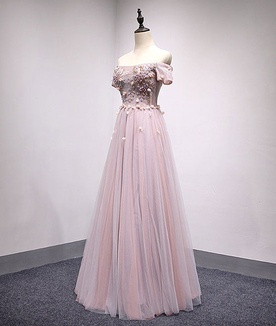 Light Pink Tulle Lace Applique Long Prom Dress Tulle Evening Dress