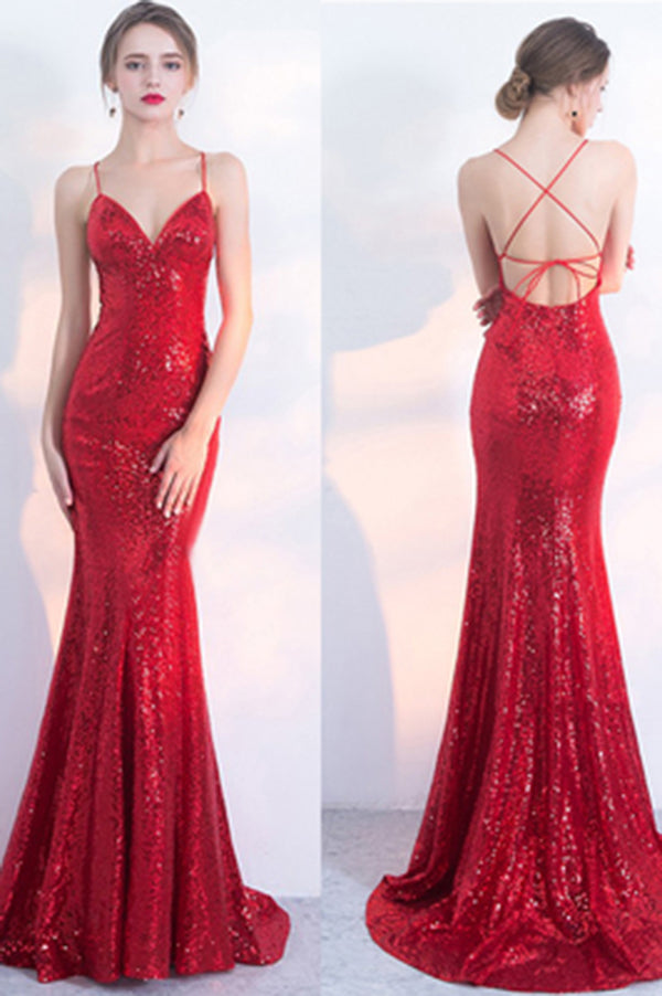 V Neck Red Mermaid Spaghetti Strap Backless Sequin Evening Dresses Uk