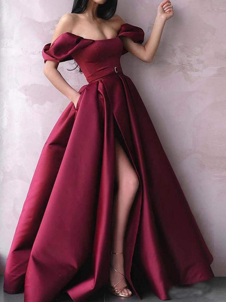 A Line Off The Shoulder Burgundy Satin Prom Dresses With Pockets High