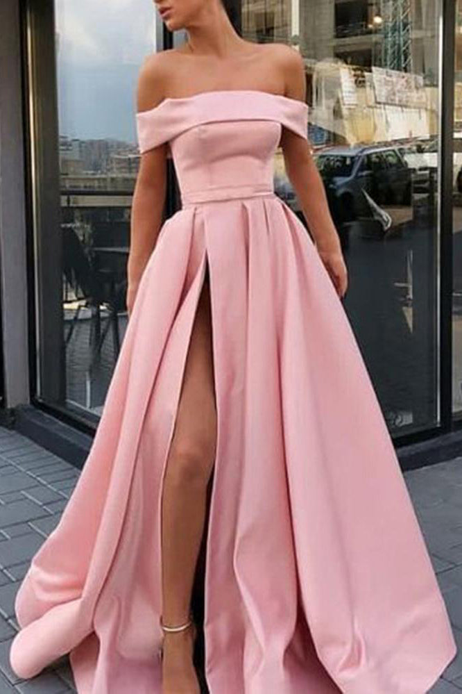 A Line Off The Shoulder Satin High Slit Yellow Prom Dresses Long