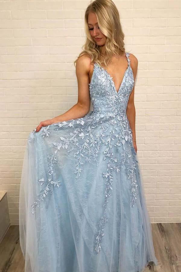 A Line Spaghetti Straps Light Blue Prom Dresses V Neck Lace Appliques