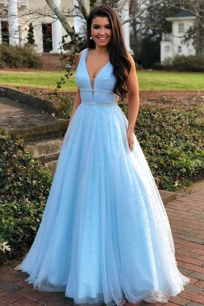 A Line V Neck Tulle Light Blue Prom Dresses Floor Length Beads Evening