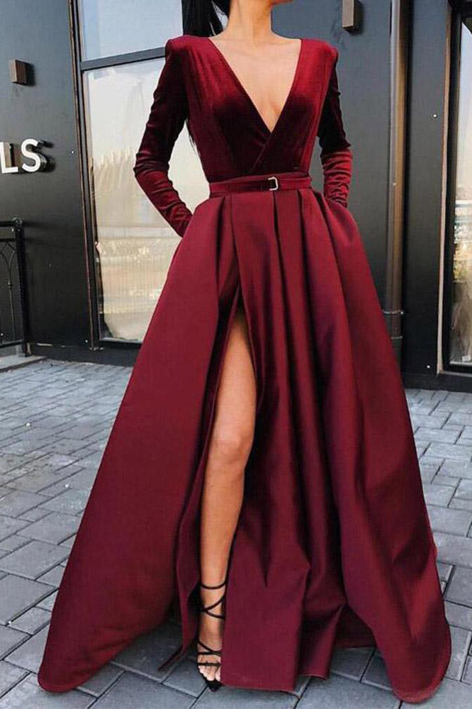 A Line Long Sleeve Burgundy Prom Dresses Satin Deep V Neck High Slit