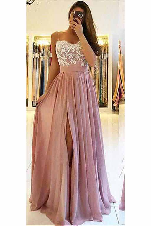 A Line Spaghetti Straps Chiffon Sweetheart Prom Dresses With Slit Lace