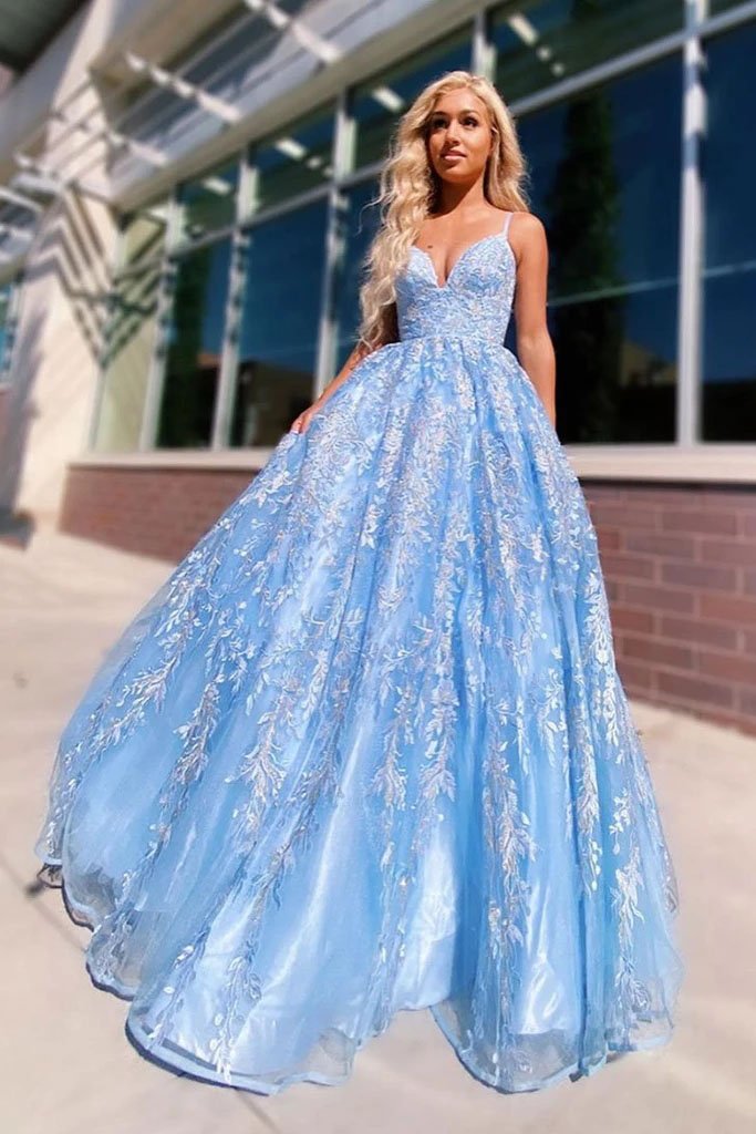 Flowy Ball Gown Light Blue Spaghetti Straps Lace Appliques Prom Dress