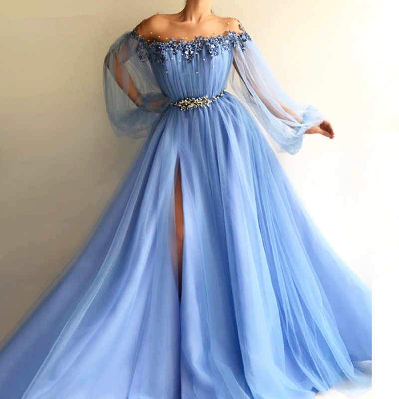 Blue Long Sleeve Tulle Prom Dresses With High Split Beaded Crystal