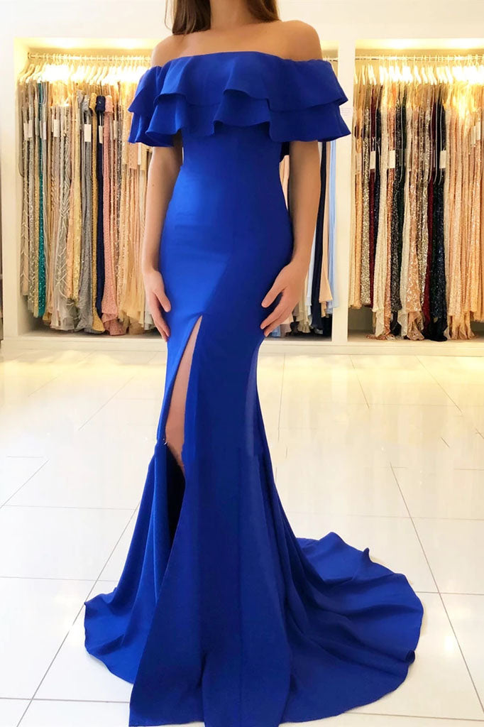 Elegant Off The Shoulder Royal Blue Mermaid Ruffle Sleeve Prom Dresses